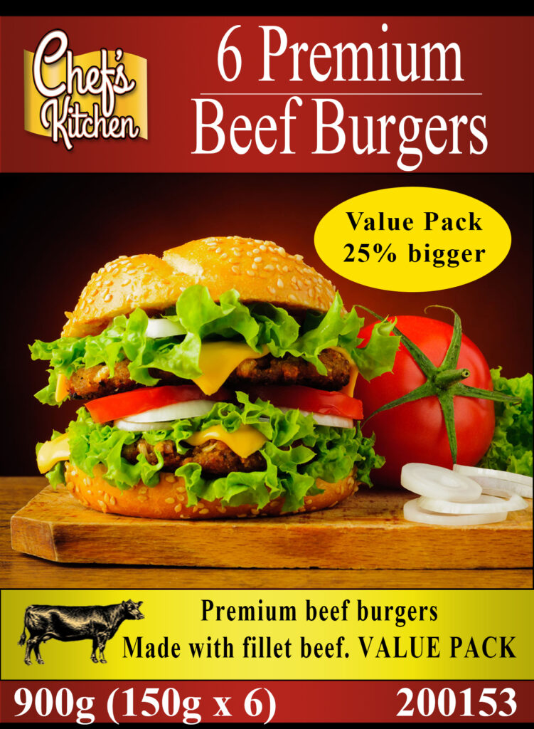 Multipack Premium 150g beef burgers x 6 (900g) EXTRA VALUE – Korat Chef
